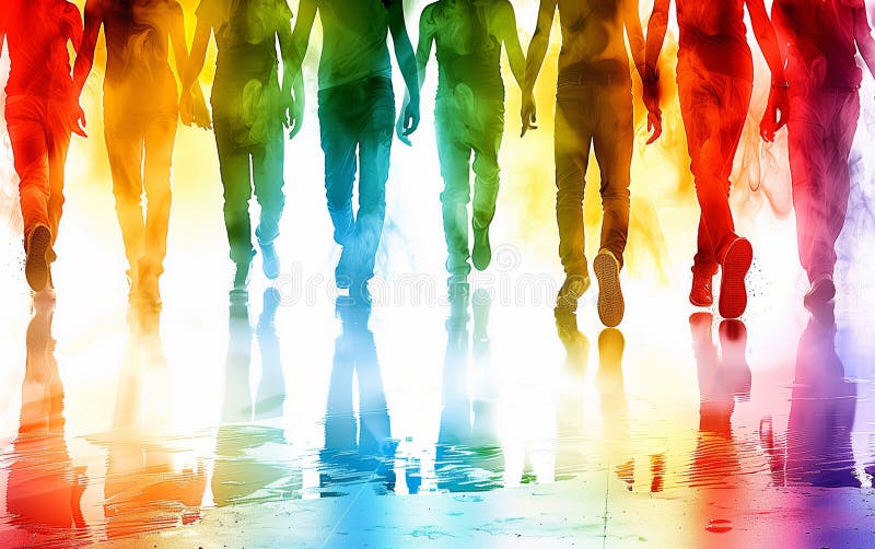 A Group of People Walk in Rainbow Colors,wearing Different Colored ...
