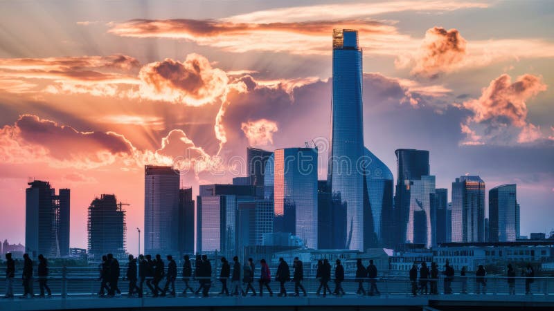 A Group of People Walking Across a Bridge in Front of Tall Buildings ...