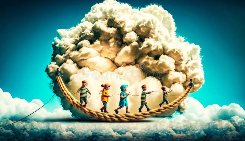 Group of People Walking Across Rope in Front of Cloud. Generative AI ...