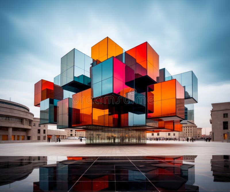 A Group of People are Walking Around a Building with a Lot of Windows ...