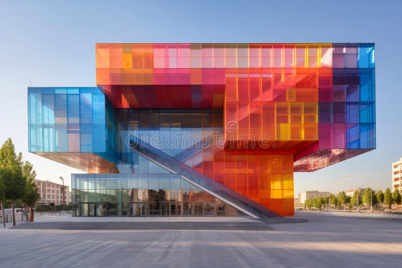 A Group of People are Walking Around a Building with a Lot of Windows ...
