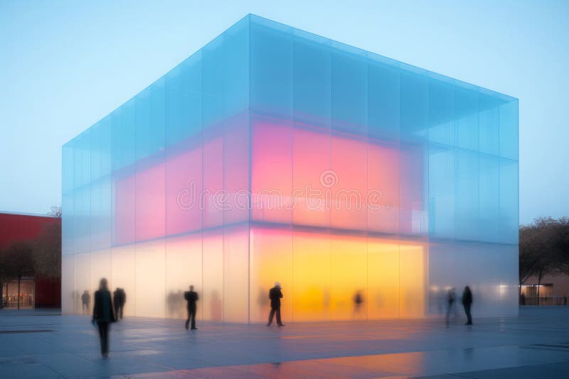 A Group of People are Walking Around a Building with a Lot of Windows ...