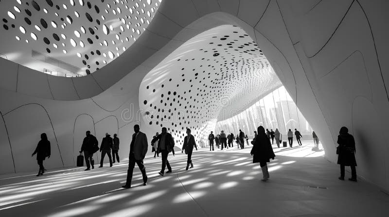 Group of People Walking through a Building with Large Holes in the ...