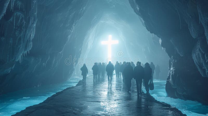 A Group of People Walking through a Cave with the Cross in Front, AI ...