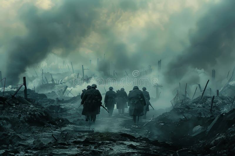 Group of People Walking through Destroyed Area Stock Illustration ...