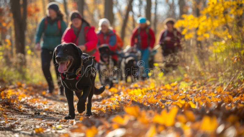 A Group of People Walking with a Dog in the Woods, AI Stock Image ...