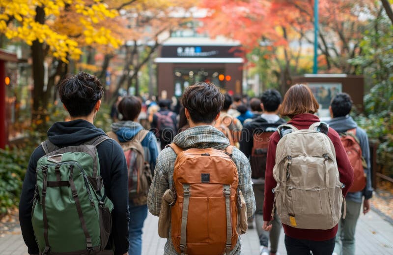 A Group of People are Walking Down a Path with Backpacks Stock Image ...