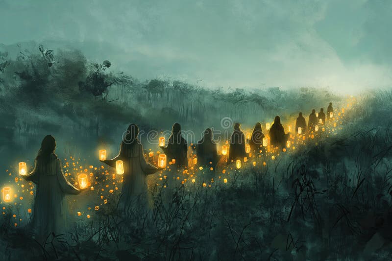 A Group of People are Walking Down a Path with Lanterns in Their Hands ...