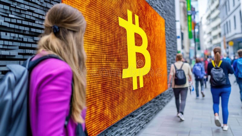 A Group of People Walking Down a Sidewalk with Bitcoin Signs on the ...