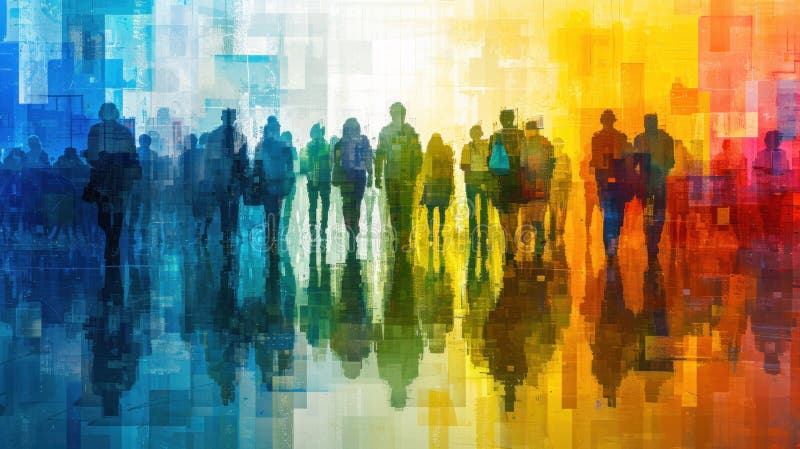 A Group of People Walking Down a Street with Colorful Backgrounds, AI ...