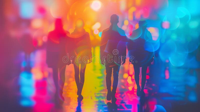 A Group of People Walking Down a Street with Colorful Lights, AI Stock ...