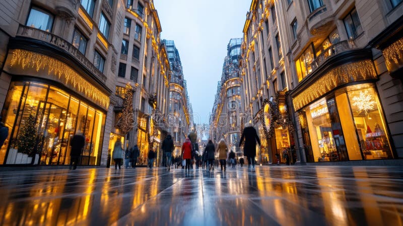 A Group of People Walking Down a Street in Front of Shops, AI Stock ...