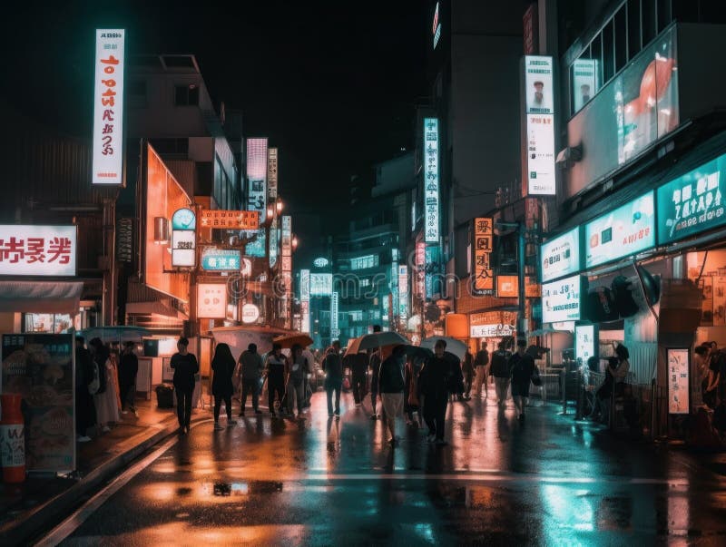 A Group of People Walking Down a Street at Night. AI Generative Image ...