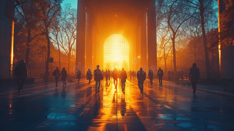 A Group of People Walking Down a Walkway in the Sunlight, AI Stock ...