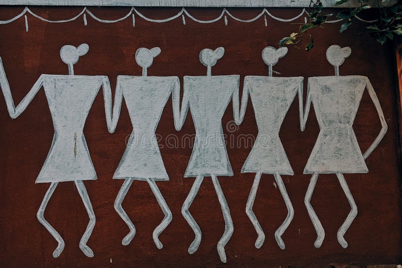 Group of People Walking Drawing on Wall Vintage Stock Image - Image of ...