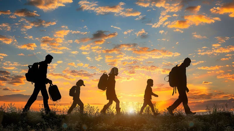 A Group of People are Walking in a Field with Backpacks Stock ...