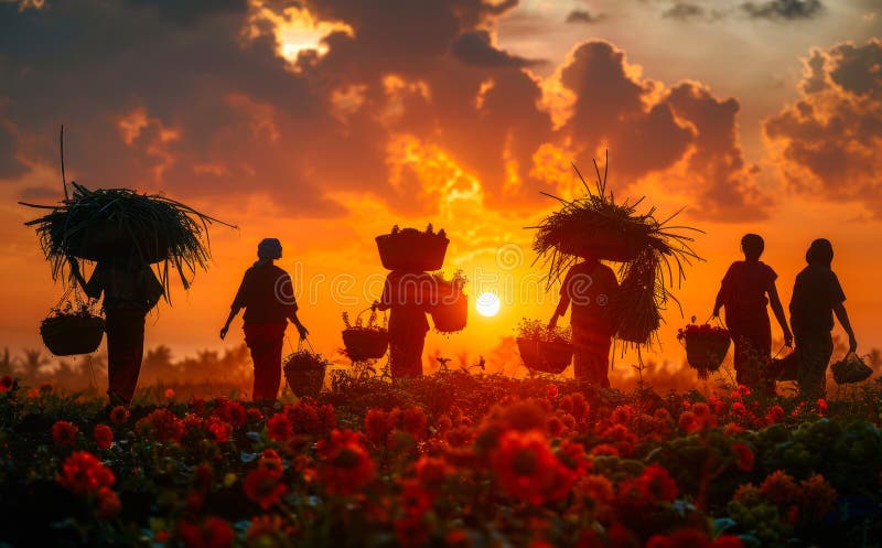A Group of People are Walking through a Field of Red Flowers. Stock ...