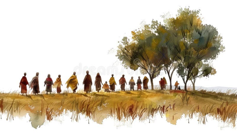 A Group of People are Walking in a Field with Trees in the Background ...