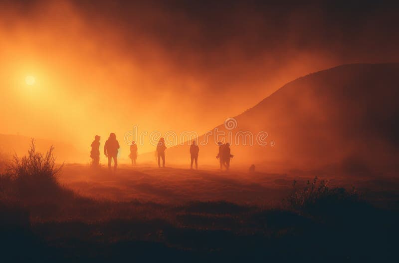 A Group of People Walking in the Fog at Sunset. AI Stock Photo - Image ...