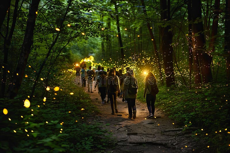 Group of People Walking through Forest Filled with Fireflies Stock ...