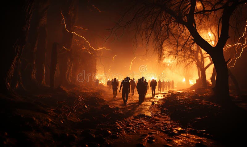 Group of People Walking through Forest on Fire Stock Photo - Image of ...