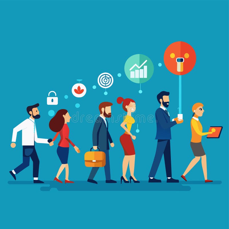 A Group of People Walking Forward with Icons Representing Growth and ...