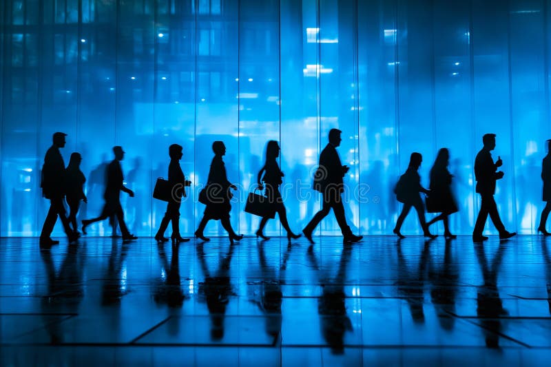 A Group of People Walking in Front of a Blue Wall Stock Photo - Image ...