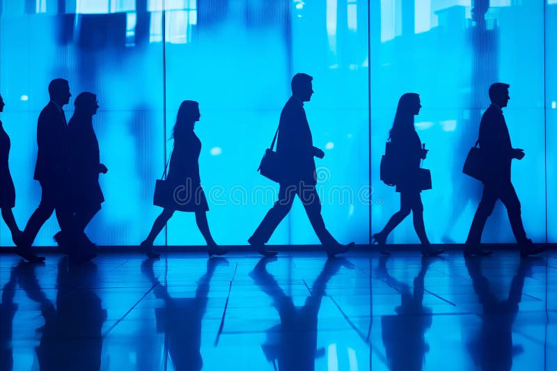 A Group of People Walking in Front of a Blue Wall Stock Image - Image ...