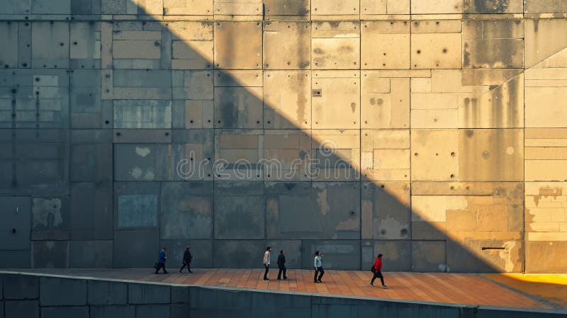 A Group of People Walking in Front of a Concrete Wall Stock Photo ...
