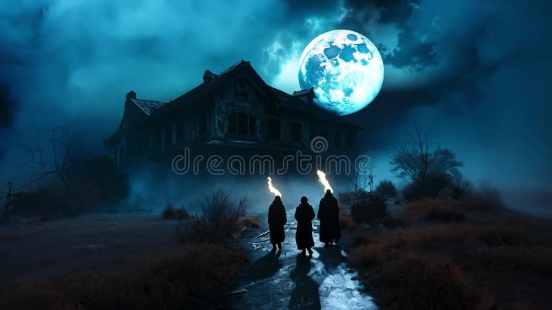 A Group of People Walking in Front of a Haunted House at Night Stock ...