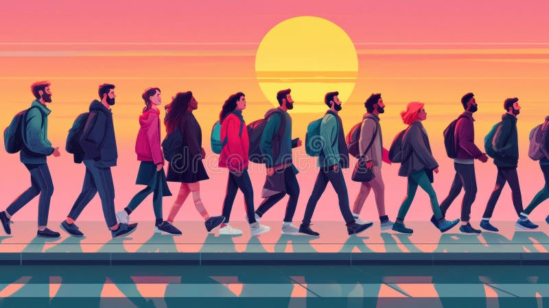 Diverse Group of People Walking in a Line Towards the Sunset ...