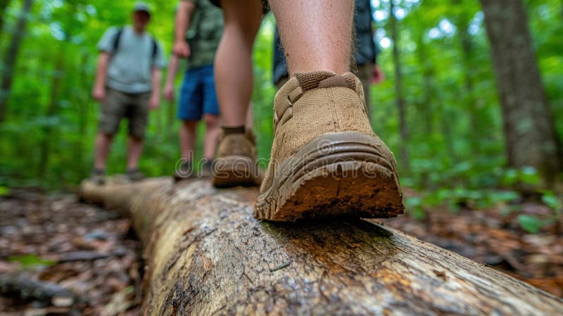 A Group of People Walking on a Log in the Woods, AI Stock Photo - Image ...
