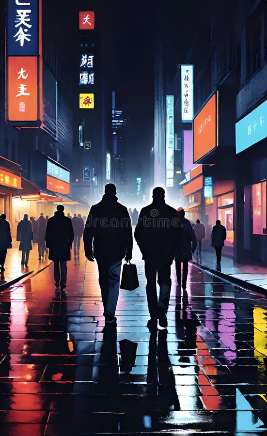Group of People Walking in a Night Asian City Stock Illustration ...