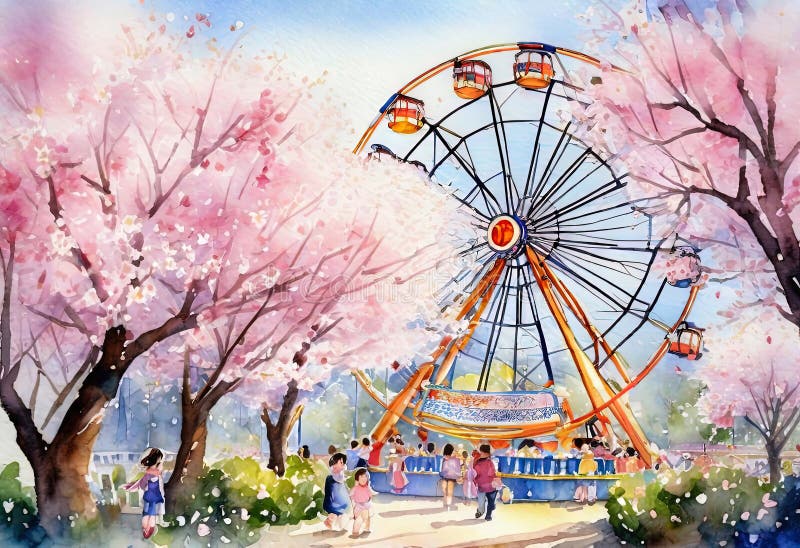 A Group of People are Walking through a Park with a Merry-go-round in ...