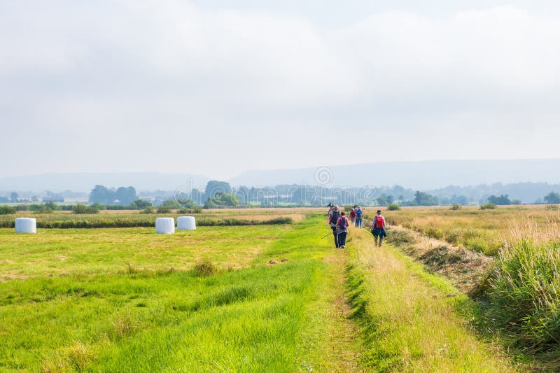 Group of People Walking on a Path in a Meadow Stock Image - Image of ...
