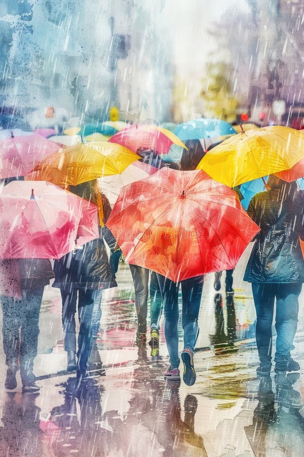 Group of People Walking in the Rain with Umbrellas, Everyday Life Scene ...