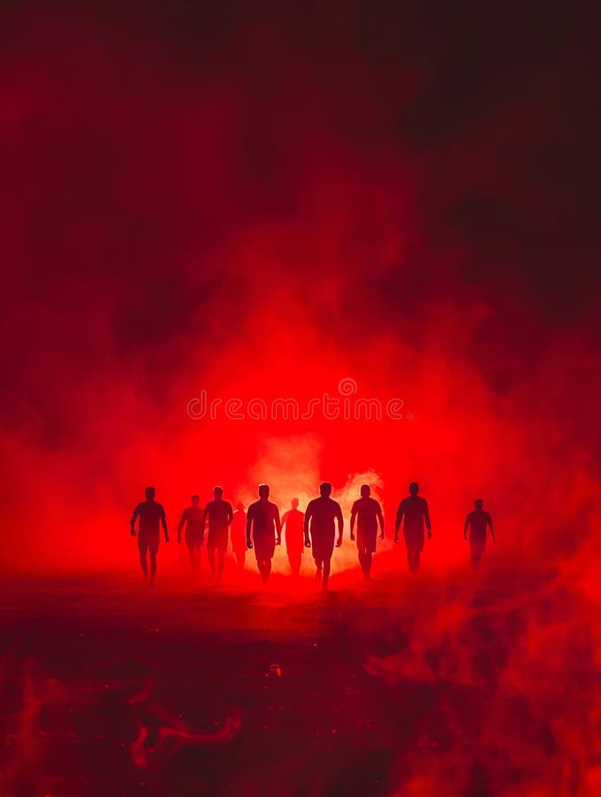 A Group of People Walking through a Red Fog Stock Illustration ...