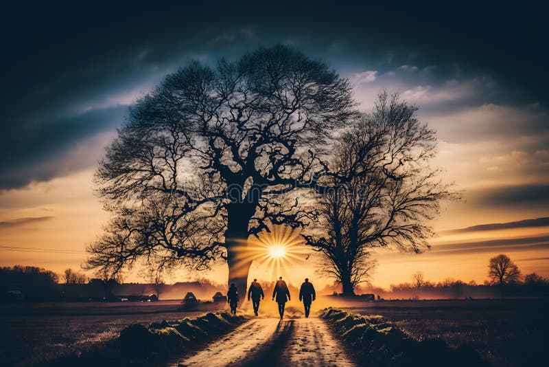 A Group of People Walking into the Sunset. Beautiful Landscape. Neural ...