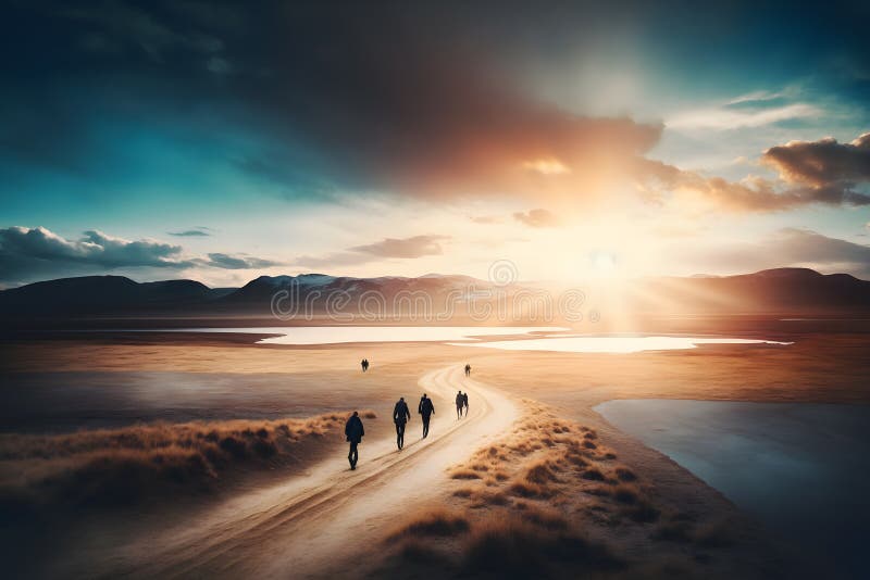 A Group of People Walking into the Sunset. Beautiful Landscape. Neural ...