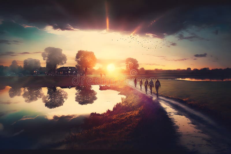A Group of People Walking into the Sunset. Beautiful Landscape. Neural ...