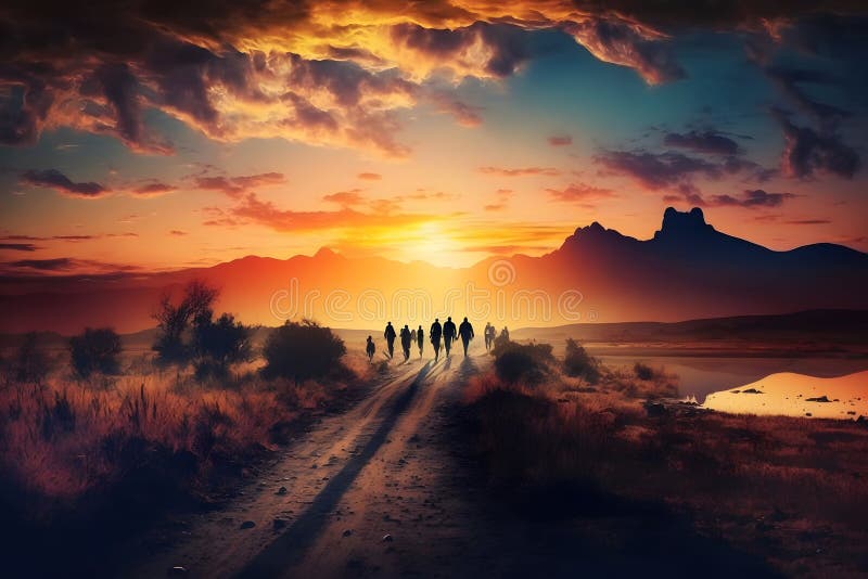 A Group of People Walking into the Sunset. Beautiful Landscape. Neural ...