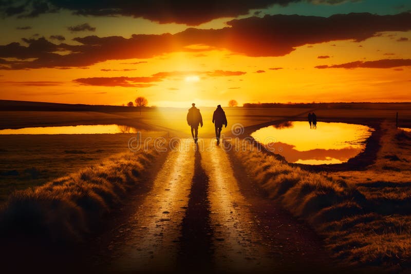 A Group of People Walking into the Sunset. Beautiful Landscape. Neural ...