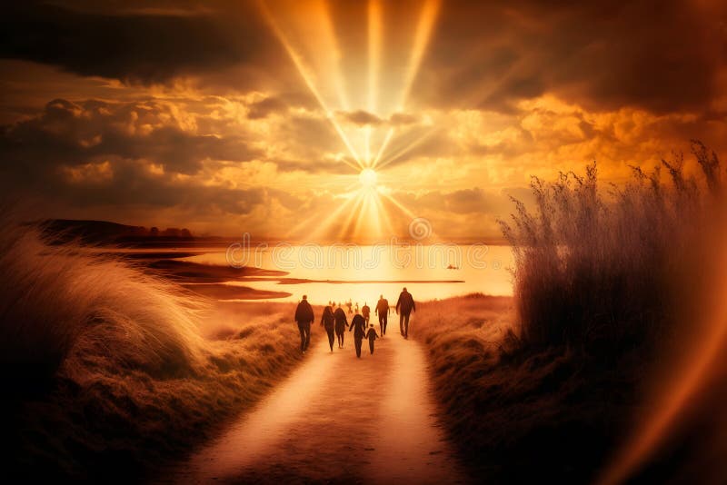 A Group of People Walking into the Sunset. Beautiful Landscape. Neural ...
