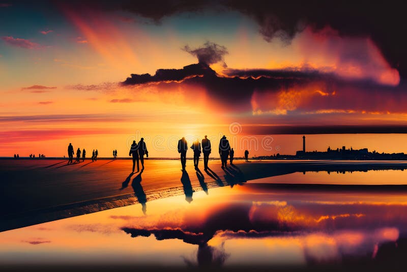 A Group of People Walking into the Sunset. Beautiful Landscape. Neural ...
