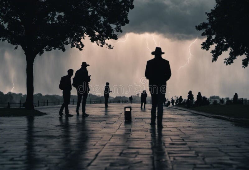 Group of People Walking Together through the Rain, Illuminated by a ...