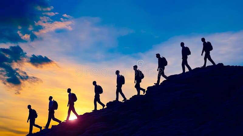 A Group of People Walking Up a Mountain at Sunset Stock Photo - Image ...