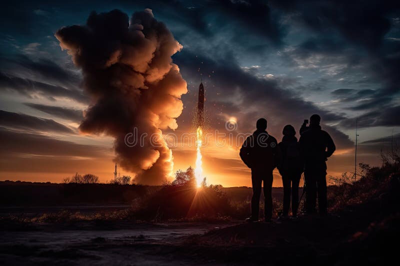 A Group of People Watch a Rocket Launch into Space on the Horizon ...