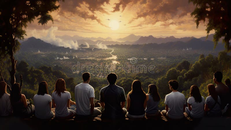 Group of People Watching Sunset at Evening, Silhouette, Dusk Stock ...