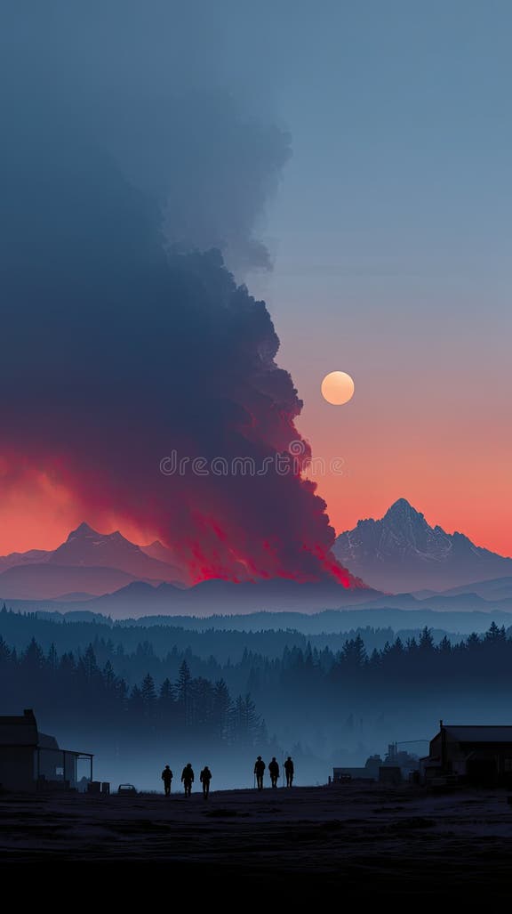 Group of People Watch Wildfire Under Dramatic Sunset Sky Stock ...