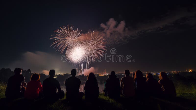 Group of People Watching Firework. Illustration AI Generative Stock ...